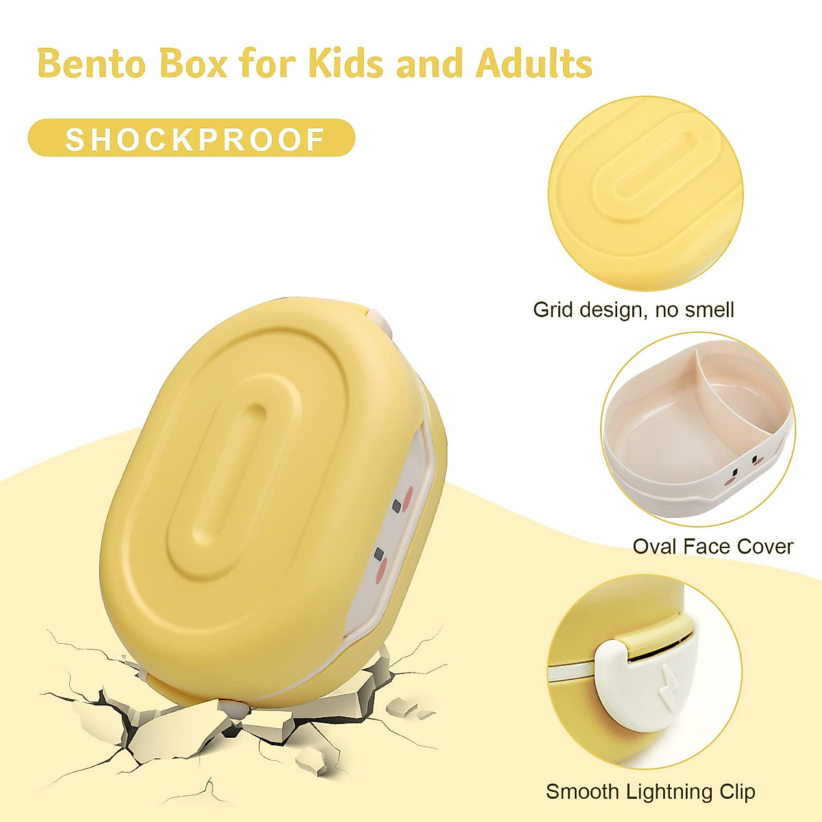 Bento Lunch Box For Kids, Leak Proof, 2 Grid Heat Insulation Design Portable Lunch Box Kids，BPA Free Bento Lunch Box, Microwave Safe Meal Prep Container (Yellow)