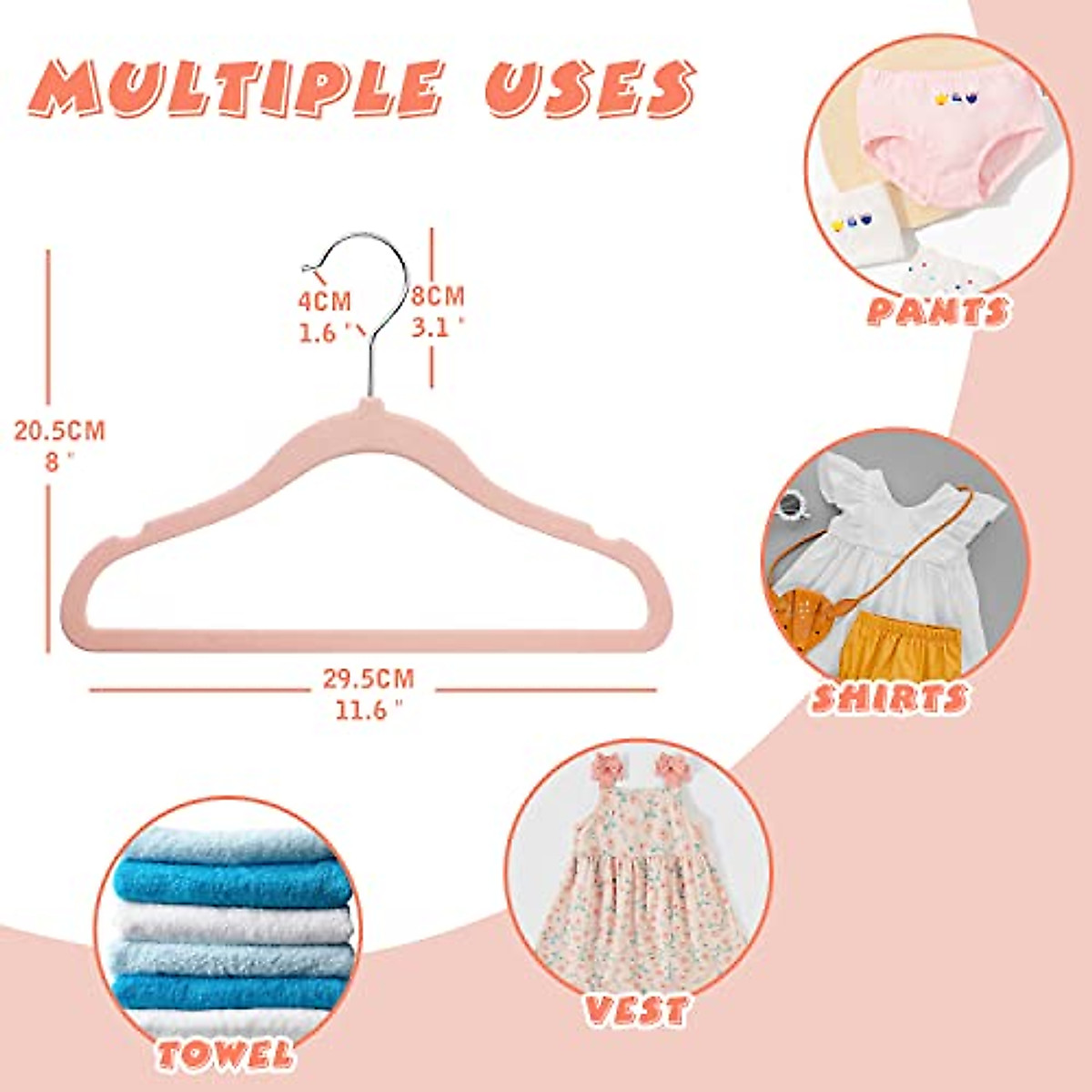 ManGotree Kids Velvet Hangers, 11.6" Non-Slip Toddler Hangers, Ultra Thin Space Saving Childrens Hangers with 360° Swivel Hook for Baby Clothes 15 Pack (Light Pink)