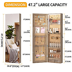 LVSOMT LED Jewelry Mirror Cabinet 47.2", Wall/Door Jewelry Armoire Organizer, Full-Length Mirror with Jewelry Storage, Over The Door Hanging Mirror, 2 Drawers, Lockable, Wood