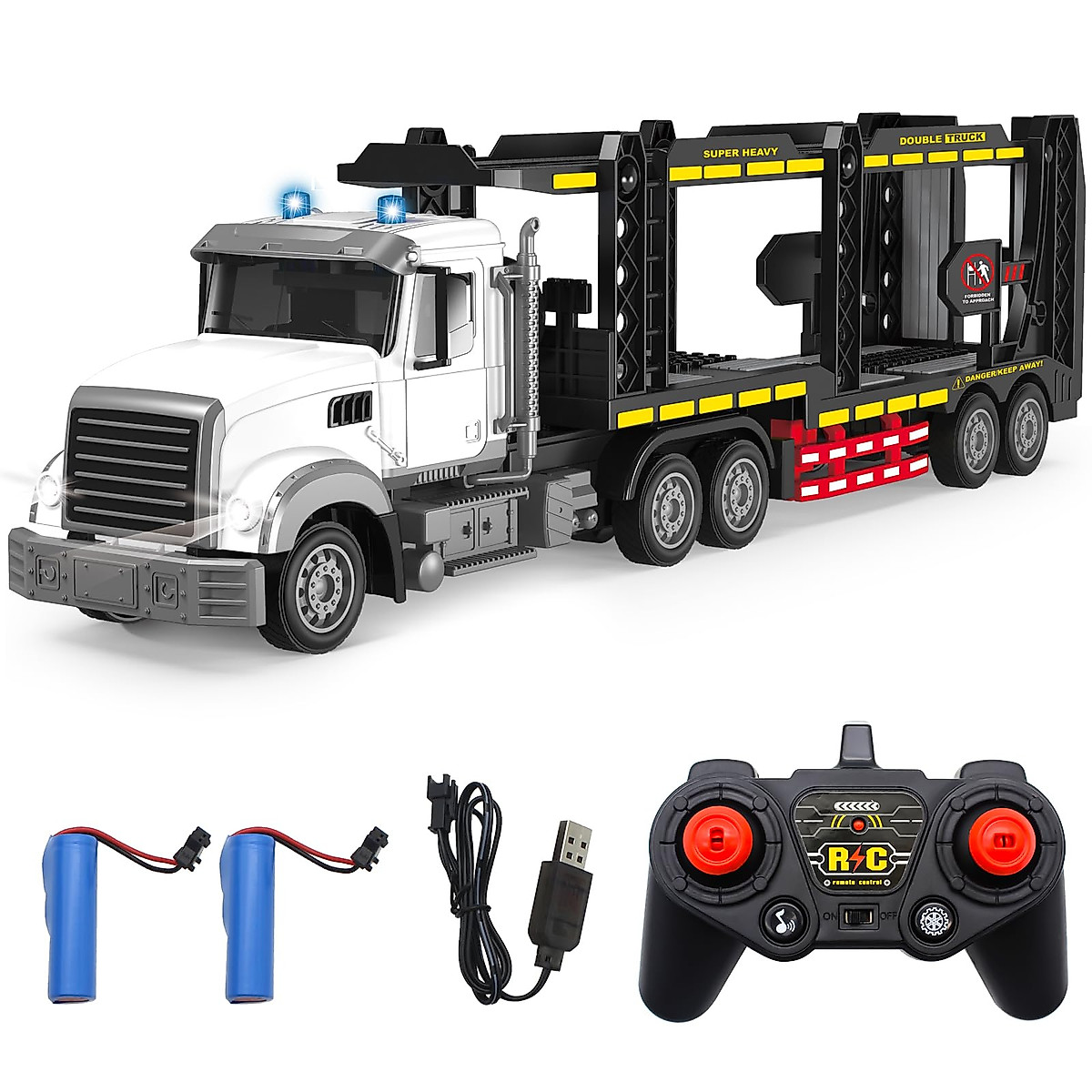 Fistone RC Transporter Truck, 1:24 Mini Semi Truck Toy with 2 Rechargeable Batteries, Remote Control Construction Vehicles with Lights, Carrier Car Truck Vehicle Toy for 6+ Years Boys Girls
