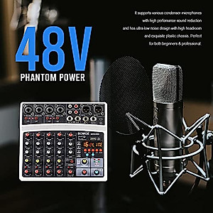 BOMGE 6 Channel Audio Sound Mixer - Professional Digital DJ Mixing Console for Live Streaming, Karaoke and Stereo Recording - With PC Computer Record Playback/Bluetooth/MP3/USB/48V /16 DSP Echo