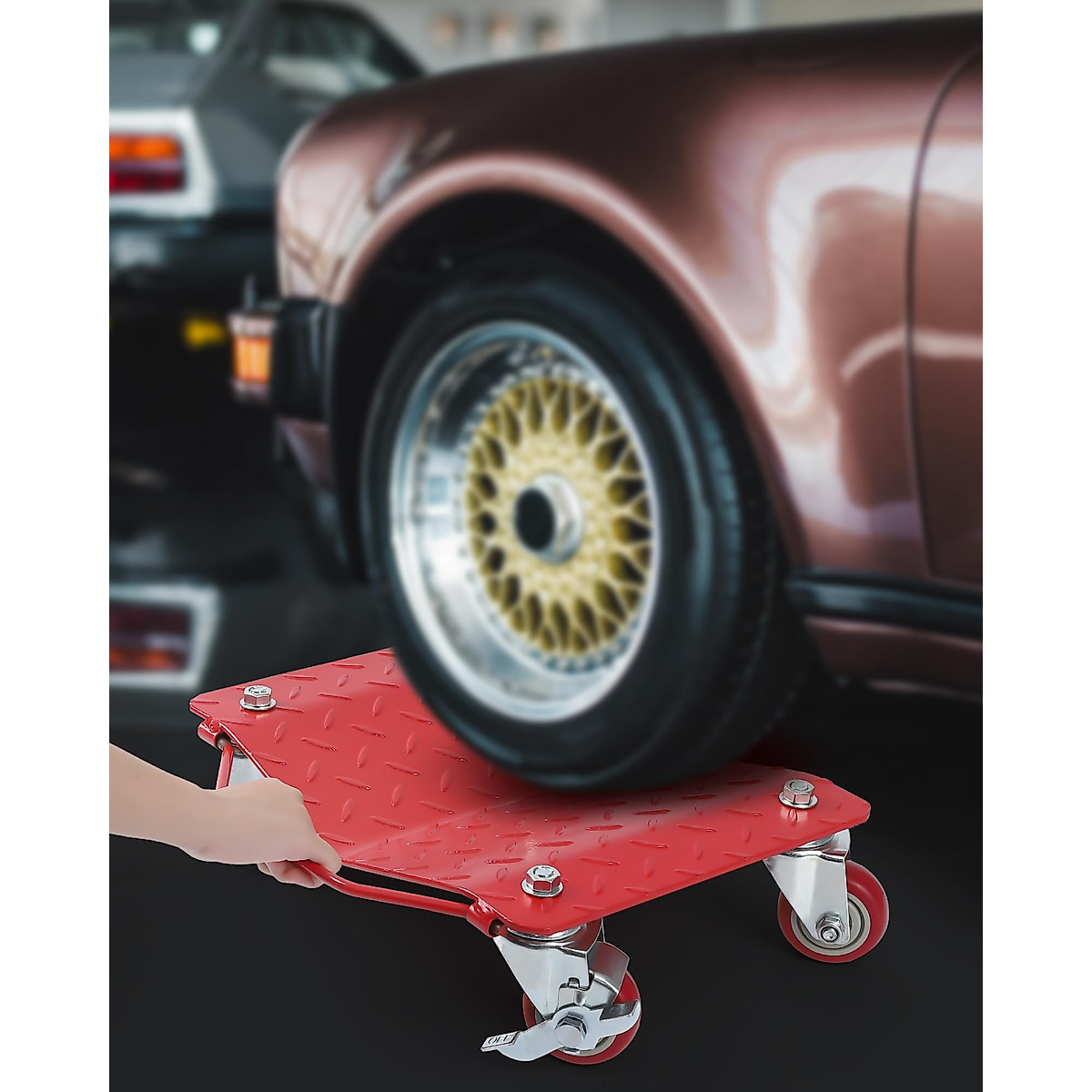 DEXSO [6000 lbs] Tire Wheel Dolly Car Set of 4, Heavy Duty Carbon Steel Car Mover with Antiskid Plate & 360 Degree Rotatable Wheel, 16"*13", Red