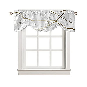 Tie Up Valance for Kitchen Windows,White Marble Gold Line Adjustable Valances Rod Pocket Short Curtain,Modern Abstract Pattern Art Tie Up Curtains Valance for Bedroom Living Room Bathroom 42x12in