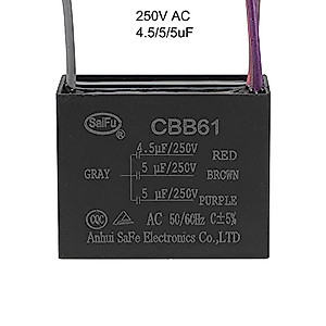 uxcell Ceiling Fan Capacitor CBB61 4.5/5/5uF 250V AC 4 Wires Metallized Polypropylene Film Capacitor 48x38x26mm for Electric Fan Pump Motor Generator 2Pcs