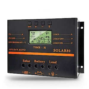 Fuhuihe Solar Charge Controller 80A, Battery Charge Regulator Auto 960W / 1920W 12V / 24V with LCD Display Mobile Power Supply Charger 5V USB Enhanced Heat Sink (80A)