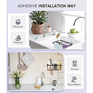 VIS'V 3 in 1 Sink Caddy Sponge Holder, 304 Stainless Steel Adhesive Kitchen Sink Basket Sponge Holder Brush Holder Dishcloth Hanger Kitchen Sink Accessories Organizer Rack with 2 Suction Cups - Black