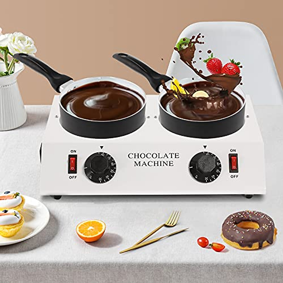 Dyna-Living Chocolate Melting Pot Cheese Chocolate Tempering Machine Electric Melter Fondue Pot Heater for Chocolate, Butter, Cheese, Cream, Candy, Milk, Coffee(Double Heads)