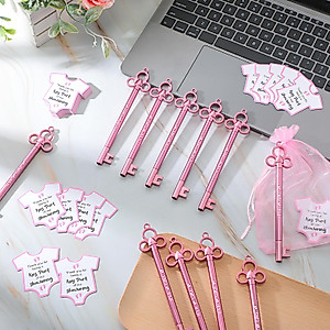 Geyoga 50 Sets Baby Shower Party Favors 50 Fancy Key Shape Pens It's a Girl/ Boy Key Gel Ink Pens 50 Thank You Cards Small Gift Cards 50 Organza Bags for Guests Gender Reveal Party Favors (Pink,Girl)