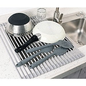 Surpahs Over Sink Foldable Multipurpose Roll-Up Dish Drying Rack, Silicone Wrapped Stainless Steel,Warm Gray, 20.5" x 15.5" (Pack of 2)