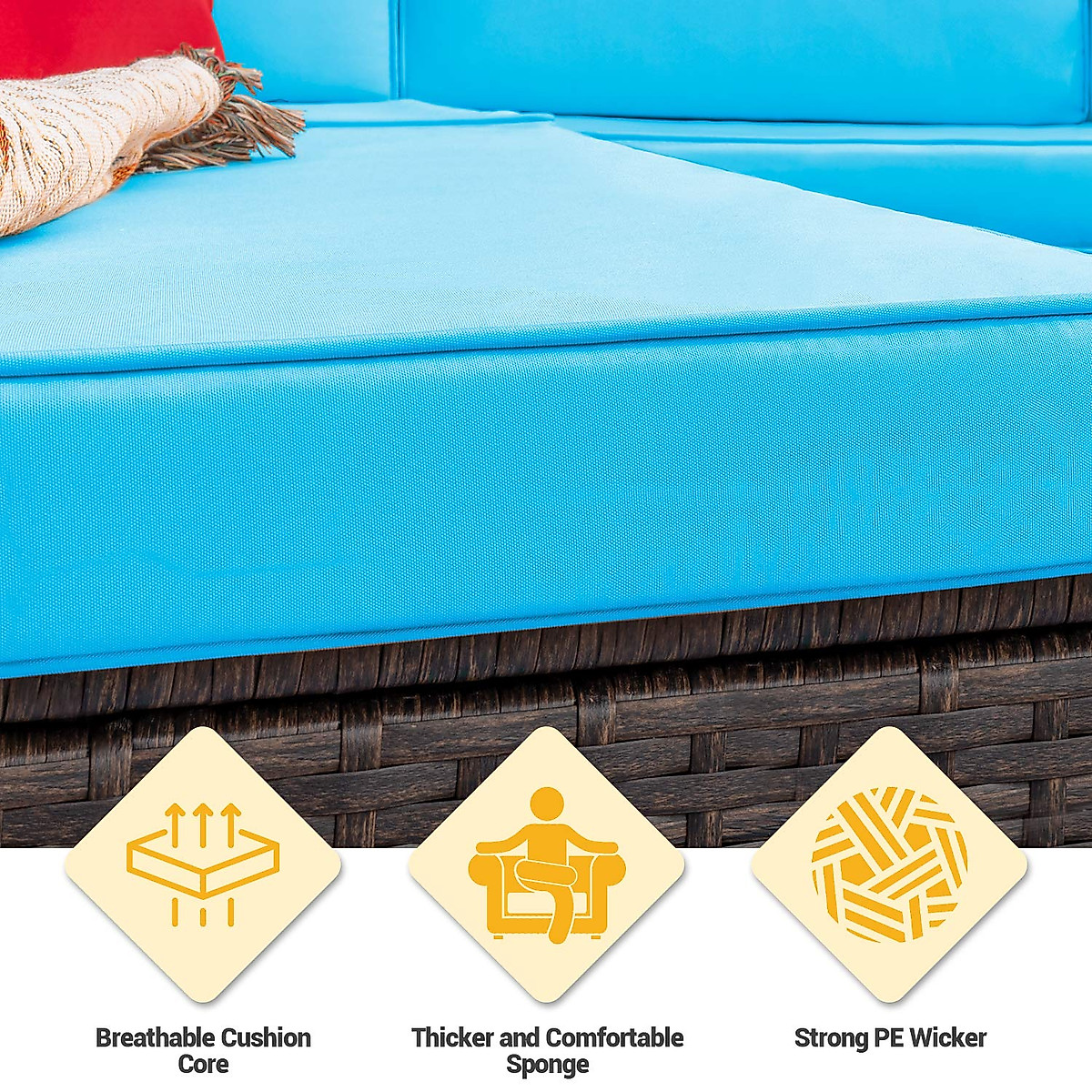 Furniwell 7 Pieces Patio Furniture Sectional Set Outdoor Wicker Rattan Sofa Set Backyard Couch Conversation Sets with Pillow, Cushions and Glass Table (Blue)