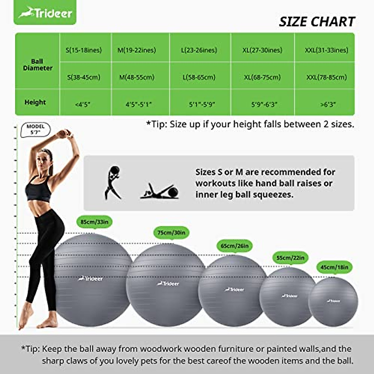 Trideer Extra Thick Yoga Ball Exercise Ball, 5 Sizes Ball Chair, Heavy Duty Swiss Ball for Balance, Stability, Pregnancy, Physical Therapy, Quick Pump Included (Gray, XL (68-75cm))