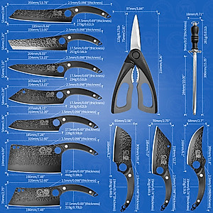 XYJ Professional Kitchen Knife Set with High-Carbon Steel Forged Blades, Chef's Knife, Cleaver, Carving Knife, Nakiri, Full Tang Design, Includes Carrying Bag & Poultry Scissors