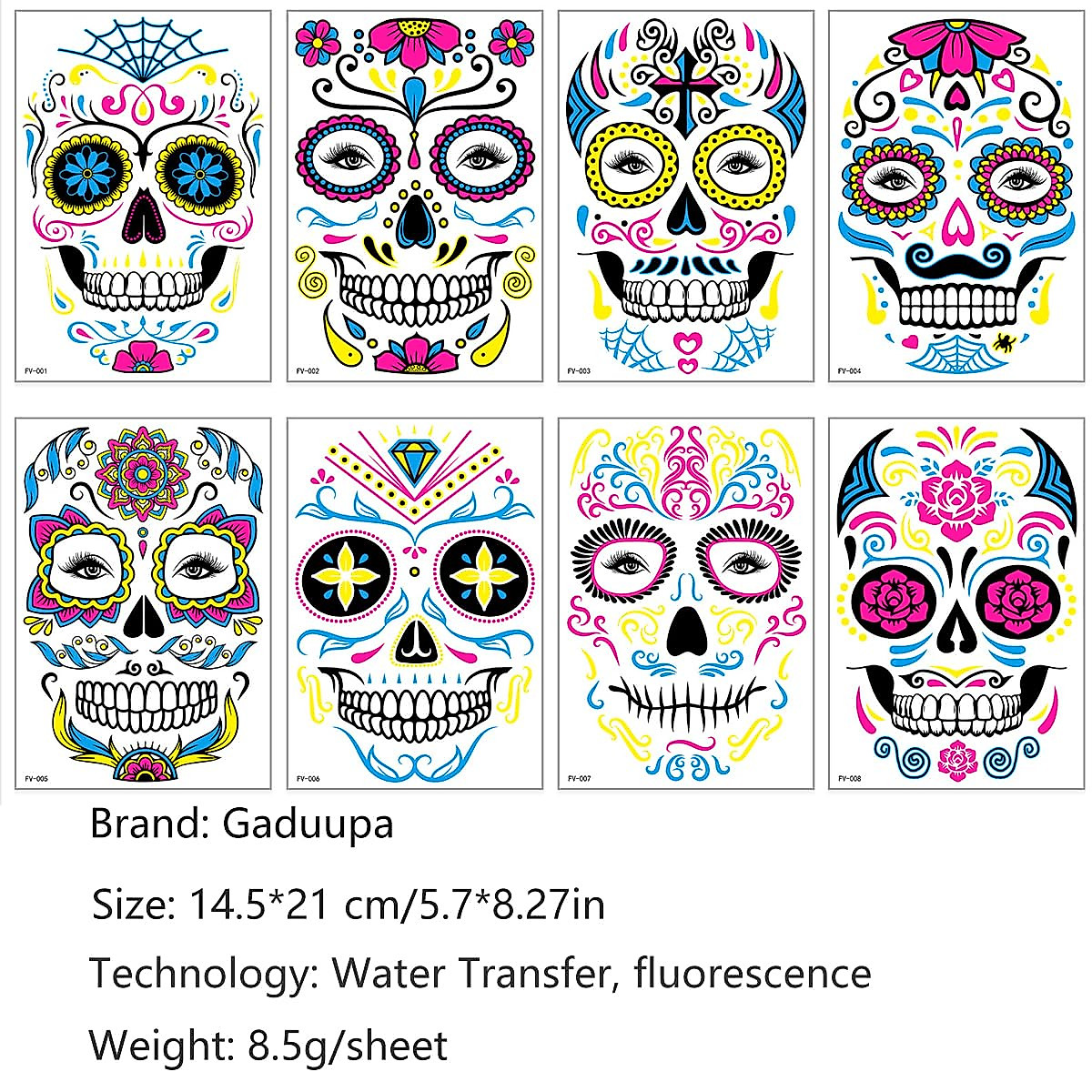 8 sheets Luminous Halloween Face Tattoos Glow in The Dark Day of the Dead Full Face Tattoos Waterproof Decorations Sugar Skull Stickers UV Glow Neon Mask Tattoo for Masquerade and Parties