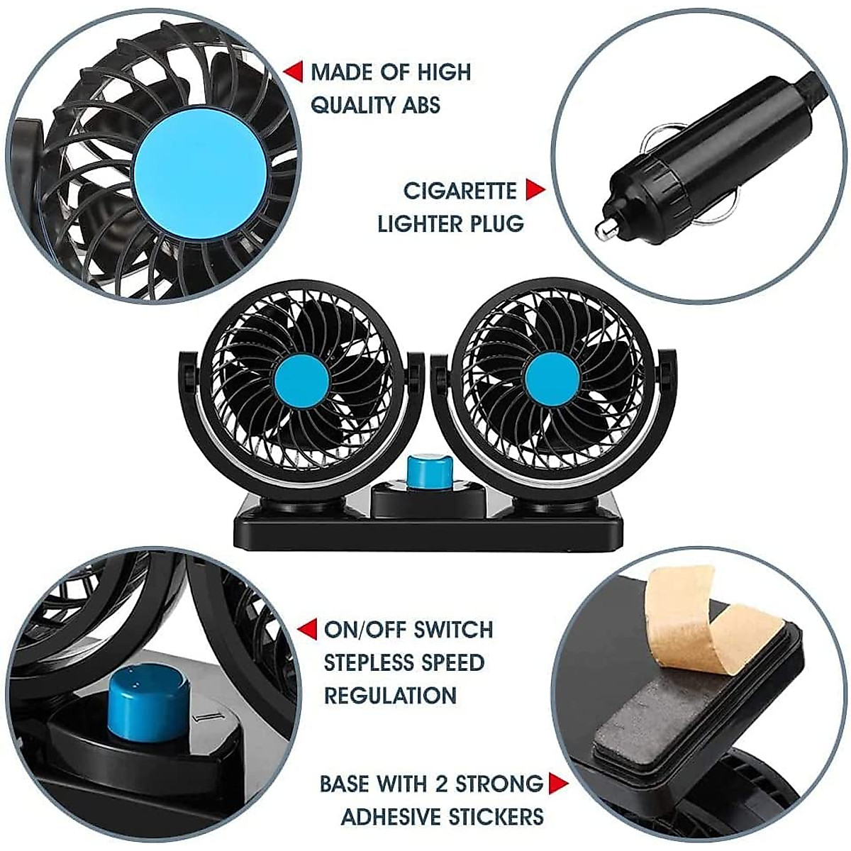 Car Fan 12V, Electric Car Cooling Fan with 360 Degree Adjustable Dual Head That Plugs into Cigarette Lighter/Quiet Noise Auto Fan for Car Truck Van SUV RV Boat Golf Vehicles