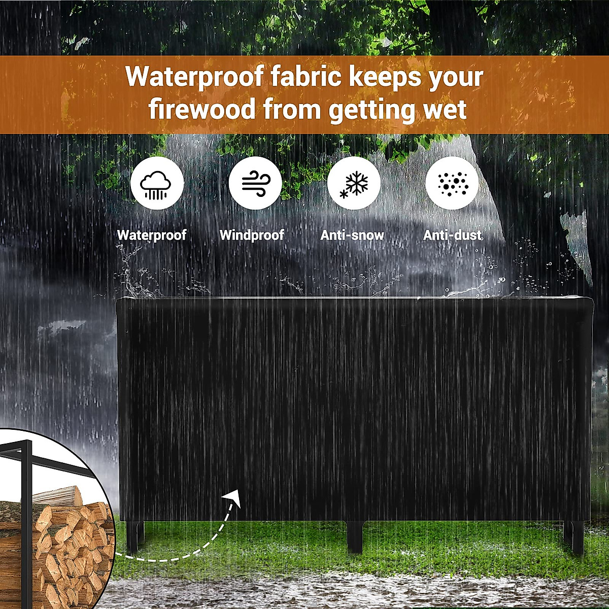 Unikito 8ft Black Anti-Rust Powder Coated Steel Firewood Rack with Waterproof Cover, for Outdoor Fire Pit, Patio, Porch, Backyard Deck