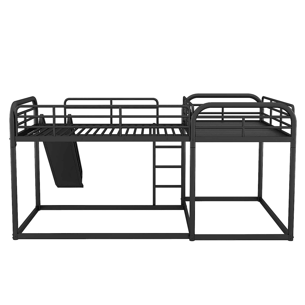 ATY L-Shaped Full and Twin Size Bunk Bed, Metal Bedframe w/Ladder & Slide, for 4 People, Bedroom, Dorm, Guestroom Supplies, Save Space Design, Black