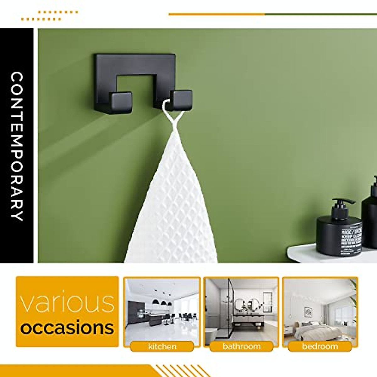 Angle Simple Double Towel Hook Matte Black, Stainless Steel Bath Towel Holder, Hand Towel Rack, Coat Clothes Purse Hanger, Bathroom Kitchen Double Hook for Wall