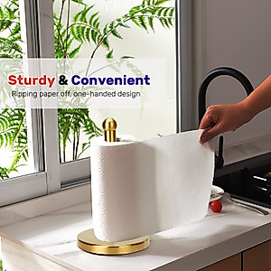 Gold Paper Towel Holder, Easy One-Handed Design for Kitchen Stand Paper Towel Dispenser, Sturdy Base for Standard Paper Towel Rolls and Mega Paper Towel Roll (Gold - Stainless Steel Base)