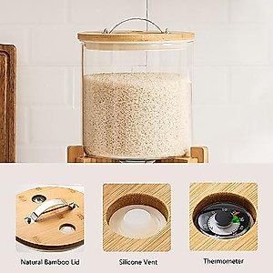 HBlife Glass Rice Dispenser with Wooden Stand Flour and Cereal Container with Glass Measuring Cup Pantry Food Organization Storage Bin with Airtight Bamboo Lid, 8L