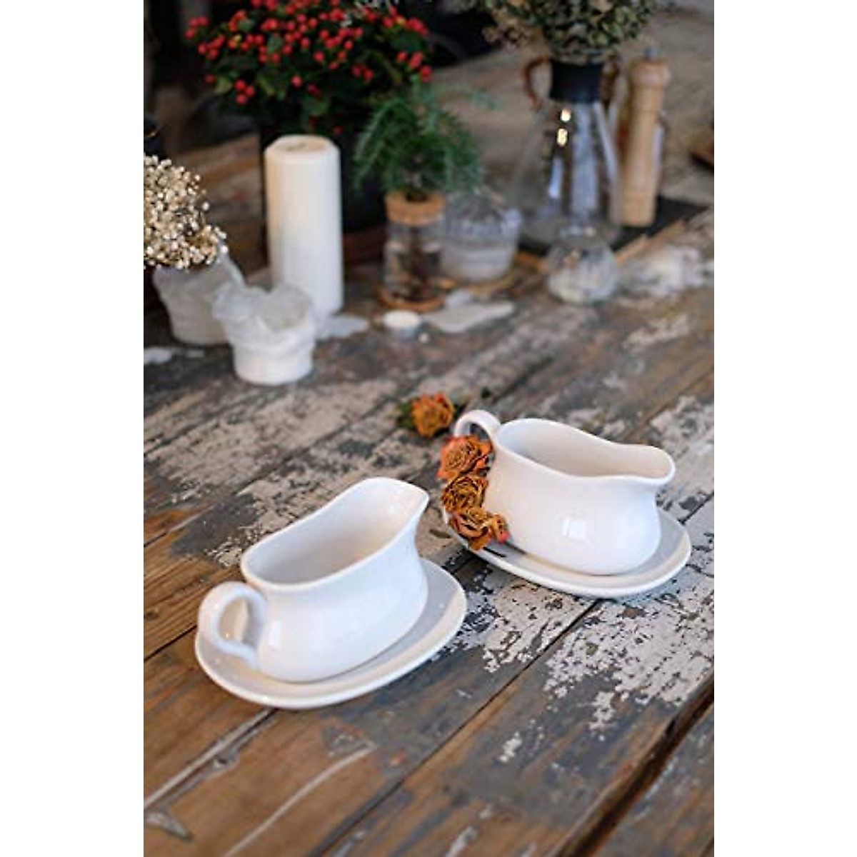 LE TAUCI 17oz Gravy Boat with Saucer Stand, Set of 2, Ceramic Sauce Boat with Tray for Salad Dressings, Creamer, Broth, Black Pepper, White