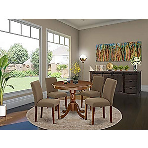 East West Furniture ANAB5-MAH-18 Antique 5 Piece Dining Set for 4 Includes a Round Kitchen Table with Pedestal and 4 Coffee Linen Fabric Upholstered Chairs, 36x36 Inch, Mahogany