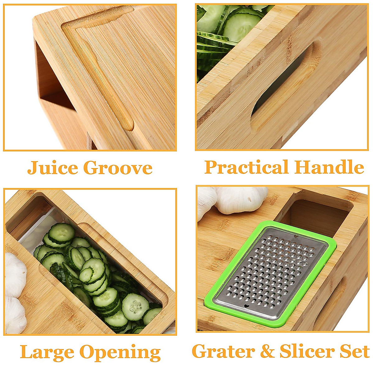 Bamboo Cutting Board with Trays/Drawers and Graters, Choping Board with Food Sliding Opening, 4 Dishwasher and Microwave Safe Storage Containers with Lids, Easy for Dishes Prep, Kitchen Space Saver