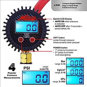 Milton S-530 Compact Digital Tire Inflator with Pressure Gauge, 255 PSI, Dual Head Air Chuck, 15" Hose, 2.5" Dial, 360 Swivel, Res: 0.1 Display, Backlit, Made in USA, Industrial Grade,Matte Black