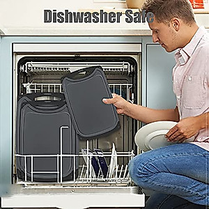 ZVP Extra Large Cutting Board for Kitchen Set of 4, Plastic Chopping Boards with Knife, Easy Grip Handle, Juice Groove, BPA Free, Dishwasher Safe, Non Slip, Non Porous, Gray Black