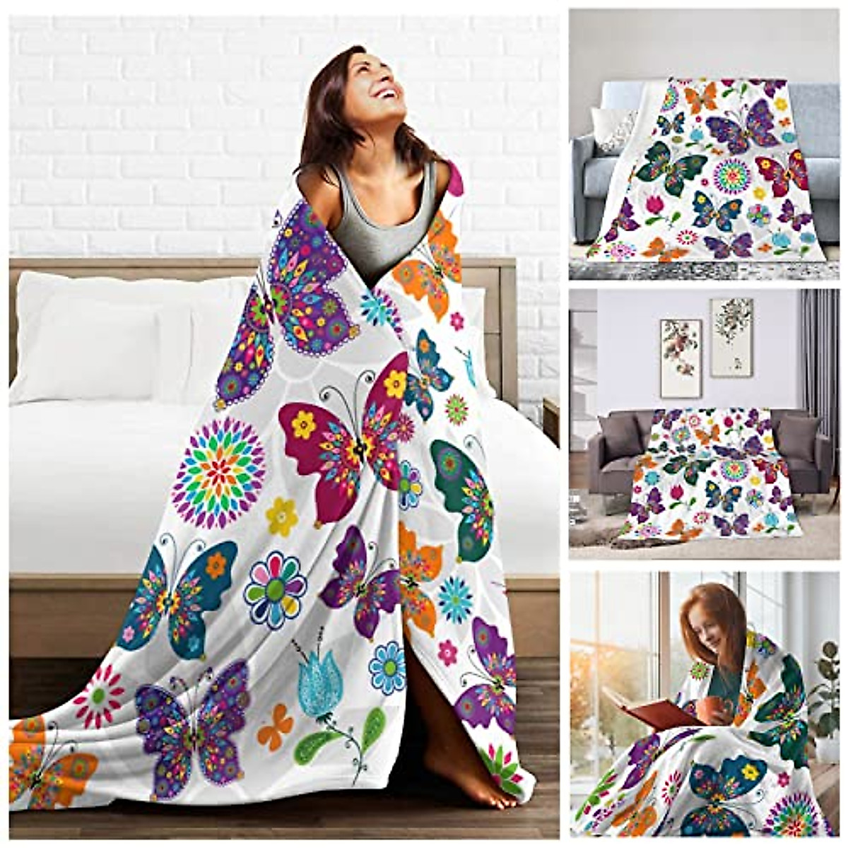 Carwayii Butterfly Blanket Soft Fleece Throw Blanket Durable Cozy Butterfly Sofa Blanket Warmth Noon Break Blanket Reversible Air Conditioning Blanket Warm Lap Blanket Gift for Women Men 50''X60''