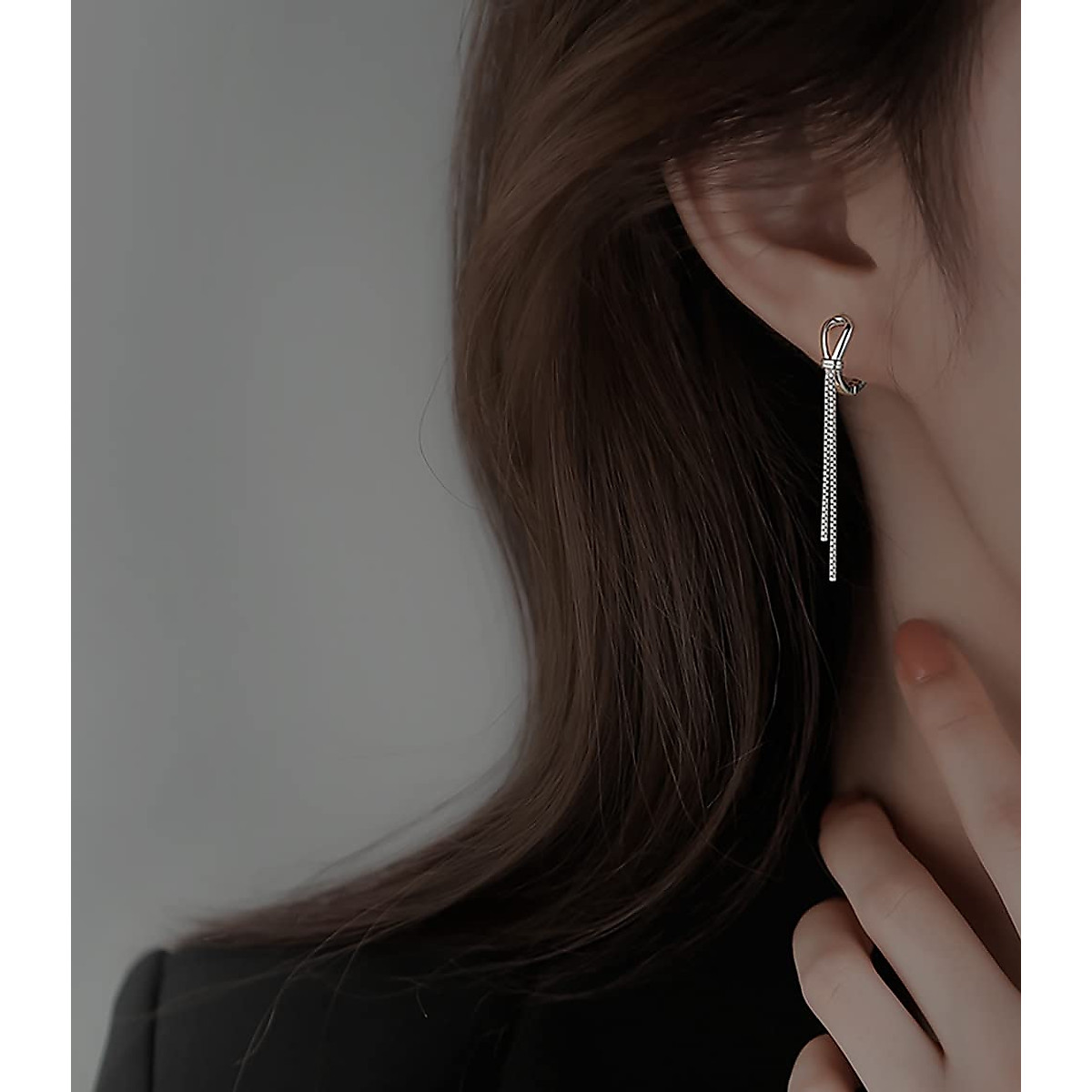 SLUYNZ 925 Sterling Silver Hoop Earrings Tassel for Women Teen Girls Bow Hoop Earrings Huggie Dangling Chain (A-Silver)