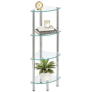 mDesign Modern Glass Corner 4-Tier Storage Organizer Tower Cabinet with Open Shelves - Display Furniture for Bathroom, Office, Bedroom, Living Room - Holds Books, Plants, Candles - Chrome/Clear
