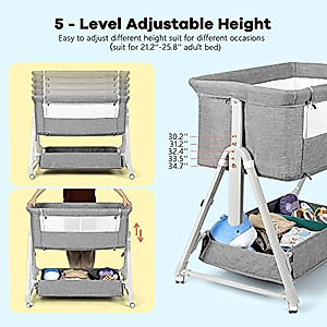 Cowiewie Baby Bassinets,Bedside Sleeper for Baby/Infants with Storage Basket, Easy to Assemble Bassinet for Newborn/Infant, Adjustable Bedside Crib,Safe Portable Baby Bed,Travel Bag Included(Grey)