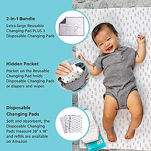 Healthy Habits by J.L. Childress Baby Changing Pad Bundle - Portable Padded Diaper Changing Pad with Pocket Plus 3 Disposable Changing Pads - Travel Changing Pads, Waterproof, Extra-Large - Grey
