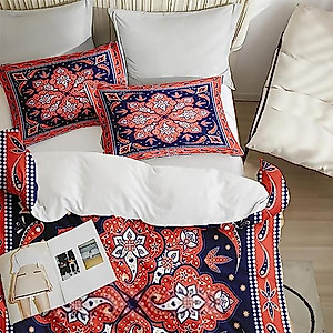 Duvet Cover Queen Size, Paisley Mandala Floral Vintage Bedding Set with Zipper Closure for Kids and Adults, Woman Red Bohemian Comforter Cover with 2 Pillow Shams for Bedroom Bed Decor