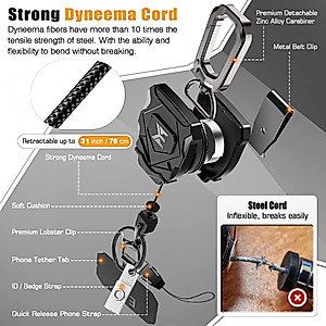 ELV Heavy Duty Retractable Keychain with Interval Locking, Belt Clip and Carabiner, Retractable Badge Reel, Retractable ID Badge Holder with 31” Dyneema Cord, Key Ring, Badge Clip and Phone Tethers