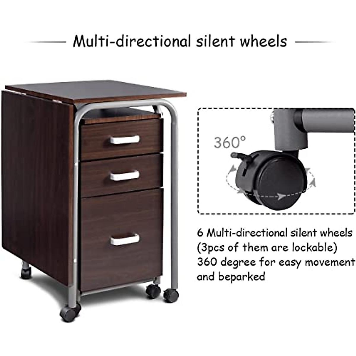 CHEFJOY Folding Computer Study Desk, Home Office Desk with 6 Smooth Wheels & 3 Large Drawers, Mobile Laptop Desk Writing Table for Small Space, Bedroom, Living Room (Brown)