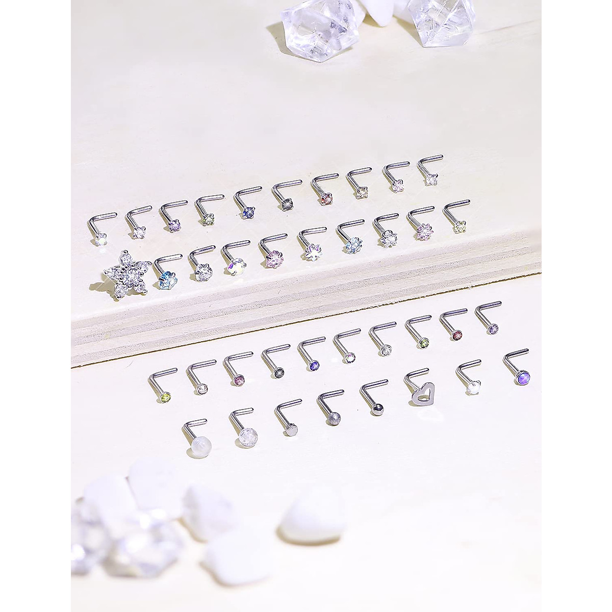 Prjndjw 20G Nose Rings Studs Surgical Steel Nose Studs Glow Dark Heart Opal CZ Flower Nose Piercing Jewelry Nose Rings for Women Straight Bend L Shaped Nose Rings 38Pcs 6.5mm Nose Piercing Kit