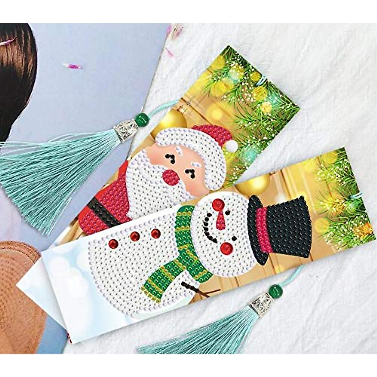 Christmas Bookmark Diamond Painting Kit - pigpigboss 4 Pack 5D Diamond Painting Art Crystal Rhinestones Snowman Bookmark Diamond Painting Set Christmas Tree Diamond Dot Bookmark Book Decor (21 x 6 cm)