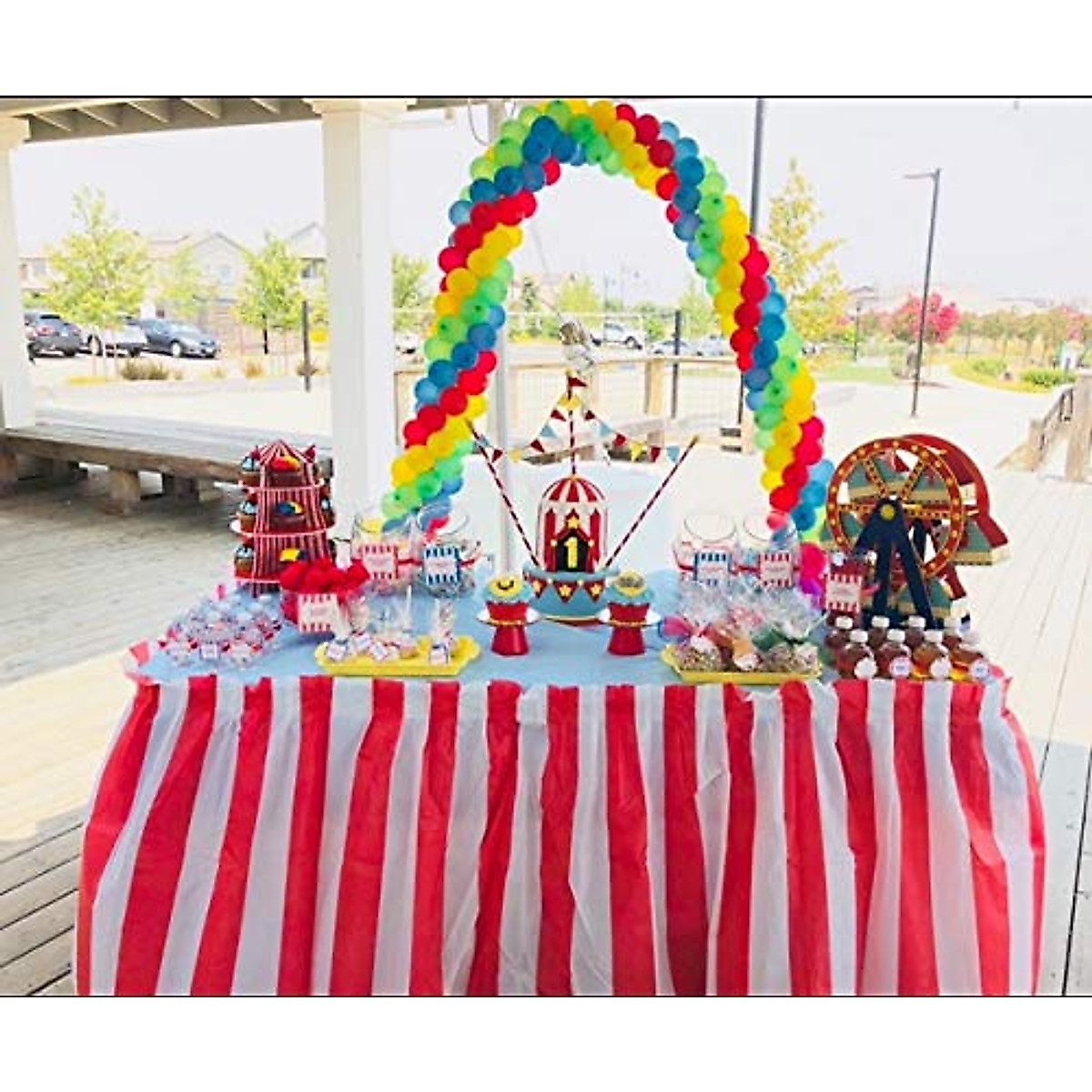 Oojami 4 Pack Red & White Striped Table Skirt Carnival Circus Decorations