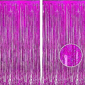 BRAVESHINE Hot Pink Glitter Tinsel Foil Fringe Curtains - 2Pcs 3.2x8.2ft Metallic Party Streamers Backdrop for Birthday Valentines Wedding Bridal Shower Tropical Hawaiian Flamingo Theme Decorations