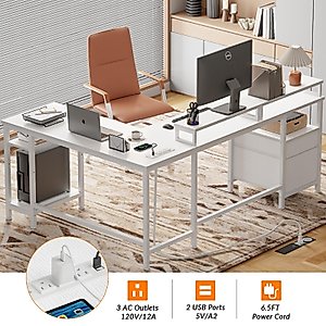 Furologee White 66” L Shaped Desk with Power Outlet, Reversible Computer Desk with File Drawer & 2 Monitor Stands, Home Office Desk with Storage Shelves, Corner Desk for Gaming Writing