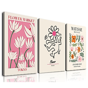 Matisse Wall Art Set of 3, Abstract Matisse Wall Art Exhibition Posters, Pink Beige Flower Market Posters, Minimalist Framed Flower Market Wall Art, Canvas Matisse Prints Painting for Aesthetic Room, Bedroom, Living Room Wall Decor（12x16inch)