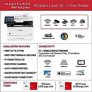 Canon imageCLASS MF462dw All in One Wireless Monochrome Laser Printer, Print, Scan, Copy & Fax, Duplex Printing for Home or Office use