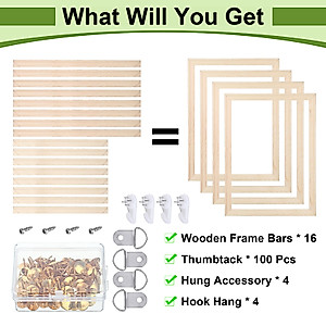 Qunclay 17 Pcs Canvas Stretcher Bars Canvas Frame with Accessories DIY Canvas Stretcher Bars Wooden Canvas Stretcher Arts Stretching Canvas Kit for Painting Photo Posters Supplies (12 x 16 Inch)
