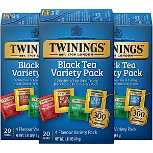 Twinings Black Tea Variety Pack with Earl Grey Tea, English Breakfast Tea, Irish Breakfast Tea, and Lady Grey Tea Bags, Individually Wrapped, 20 Count Ea (Pack of 3)