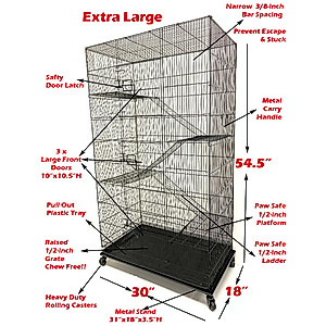 55" Extra Large 5 Levels 3/8-Inch Tight Wire Spacing Guinea Pig Sugar Glider Animal Wire Chew Free Cage with Removable Rolling Stand
