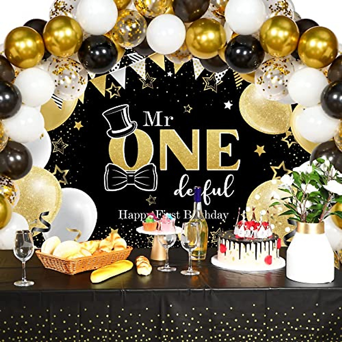 Boys 1st Birthday Decoration Mr. Onederful Birthday Party Supplies 1st Happy Birthday Backdrop Photography Background with Balloons for Baby Toddler Little Man First Birthday Decor (Black and Gold)