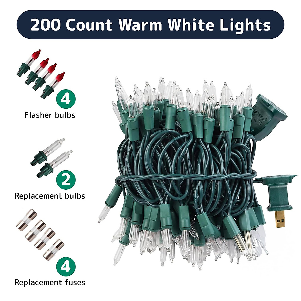 PREXTEX 200-Count Clear Christmas Lights with Green Wire - 40 ft Warm White Mardi Gras Lights for Indoor and Outdoor Use - Holiday Fairy Lights for Christmas Trees, Patios, and More