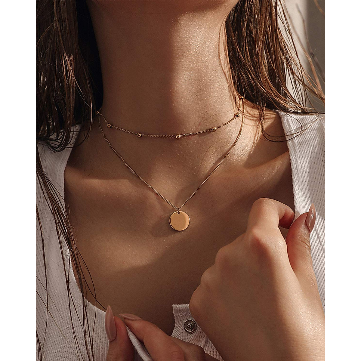 Legitta Disc Coin Charm Pendant Collar Necklace Layering Titanium Chain Layered Choker Rose Gold for Women
