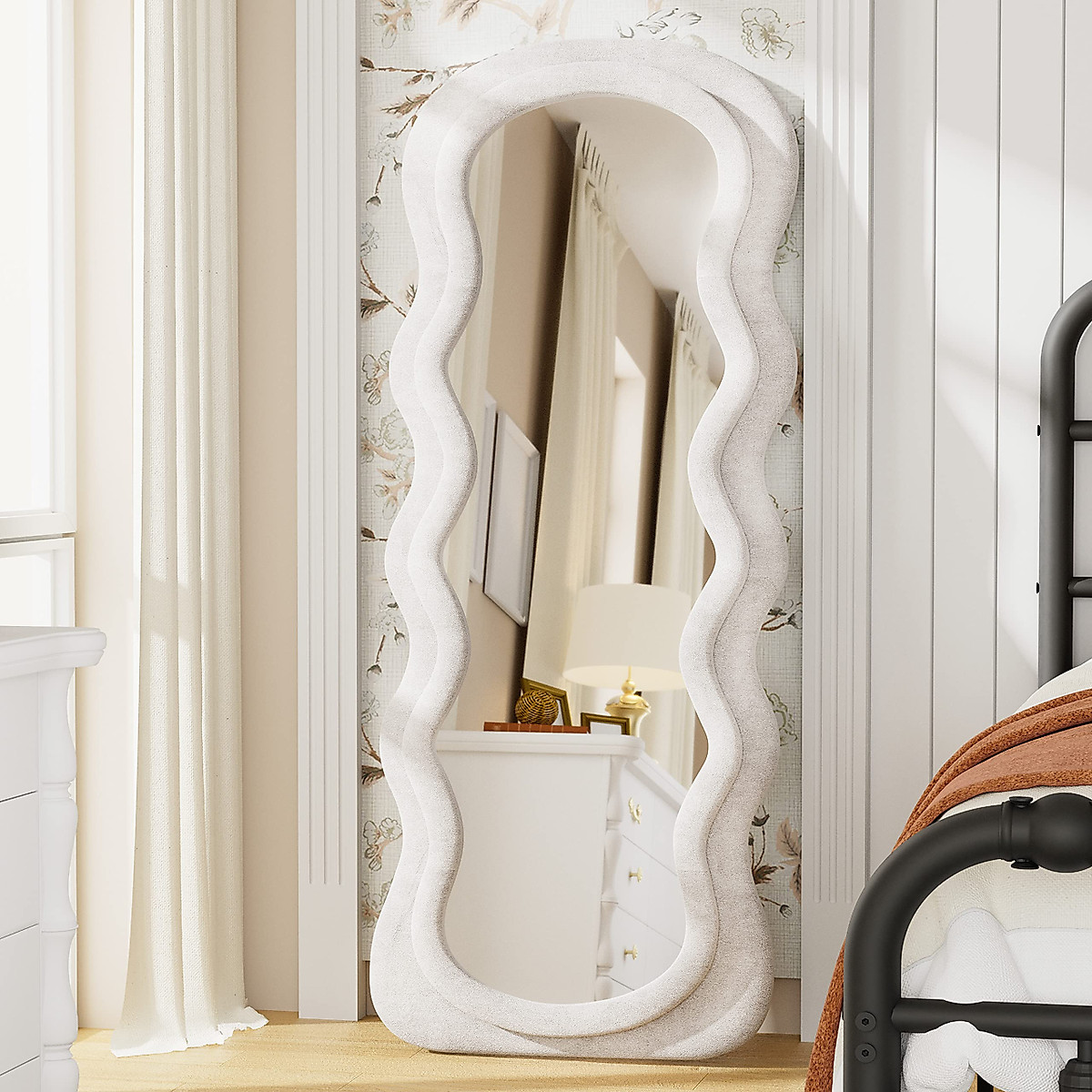 TinyTimes 63" x 24" Wavy Full Length Mirror, Irregular Floor Mirror, Freestanding, Flannel Frame, Fashion Modern Design Wavy Wall Mirror, Large Wall Mirror-White